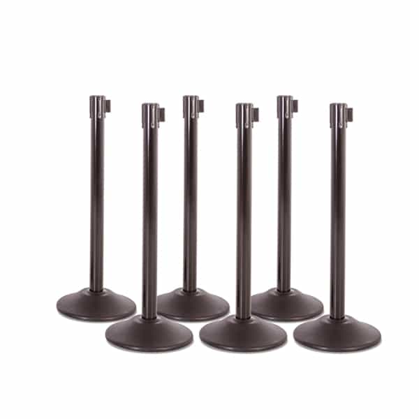 Kit of 6 Black Steel Posts with Belts for Crowd Control