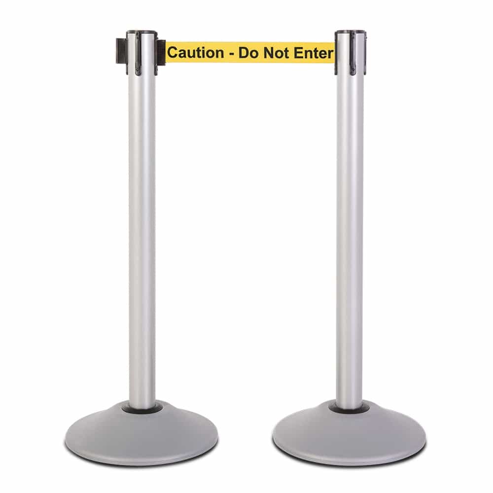 Silver Coated Steel Post and Caution Belt 2 Pack Stanchions