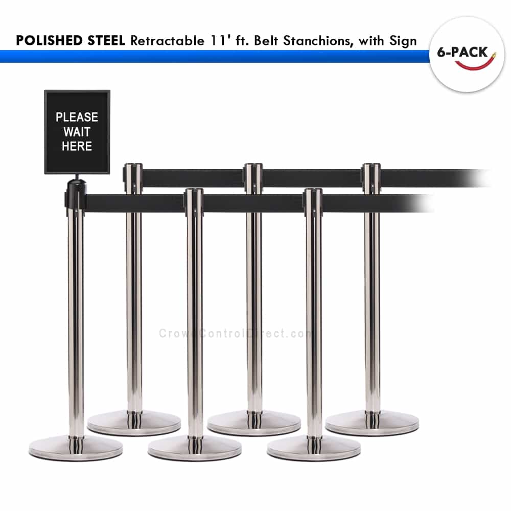 SET 6 POLISHED STEEL Retractable 11 ft Belt Stanchions with Sign