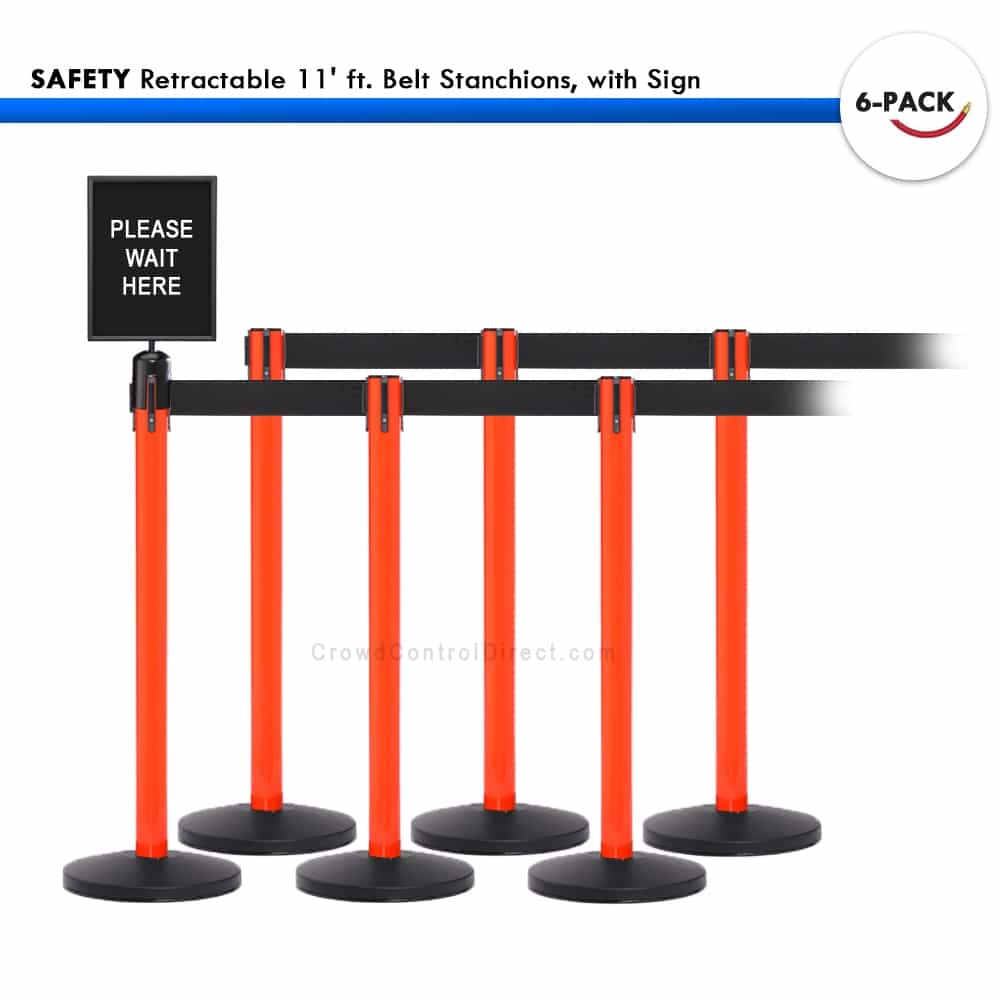 SET 6 SAFETY Retractable 11 ft Belt Stanchions with Sign