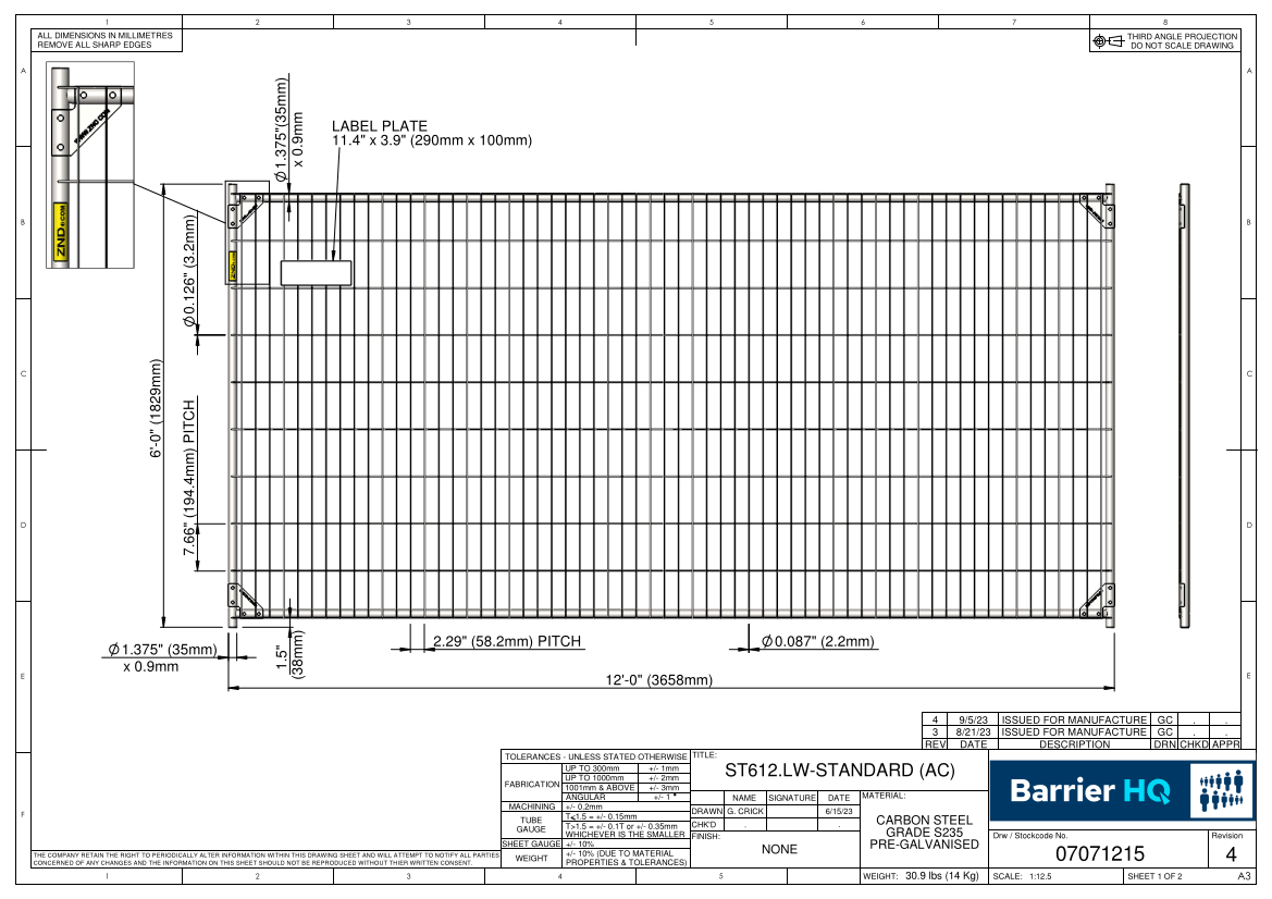 Temporary Construction Fence 6x12' Anticlimb Panel